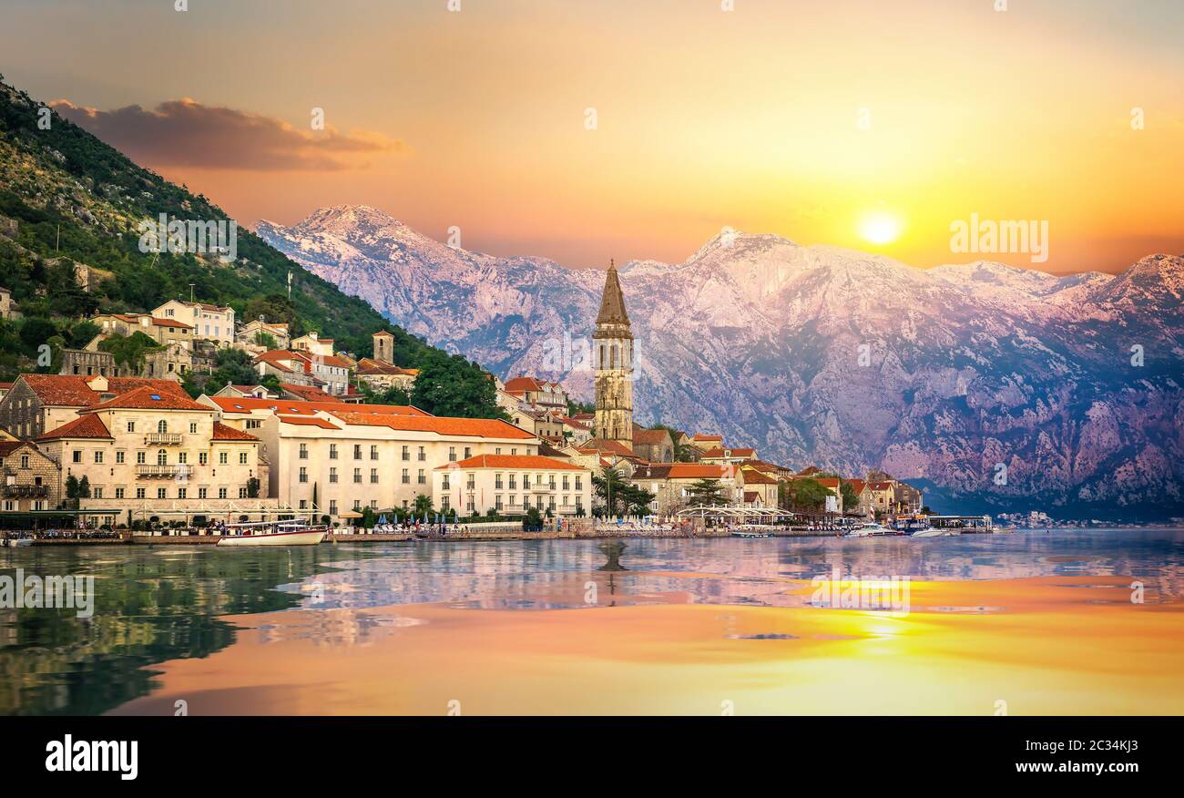 Historic city of Perast in the Bay of Kotor in summer at sunset Stock ...