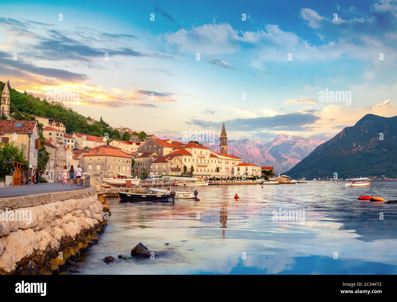 Historic city of Perast in the Bay of Kotor in summer at sunset Stock ...