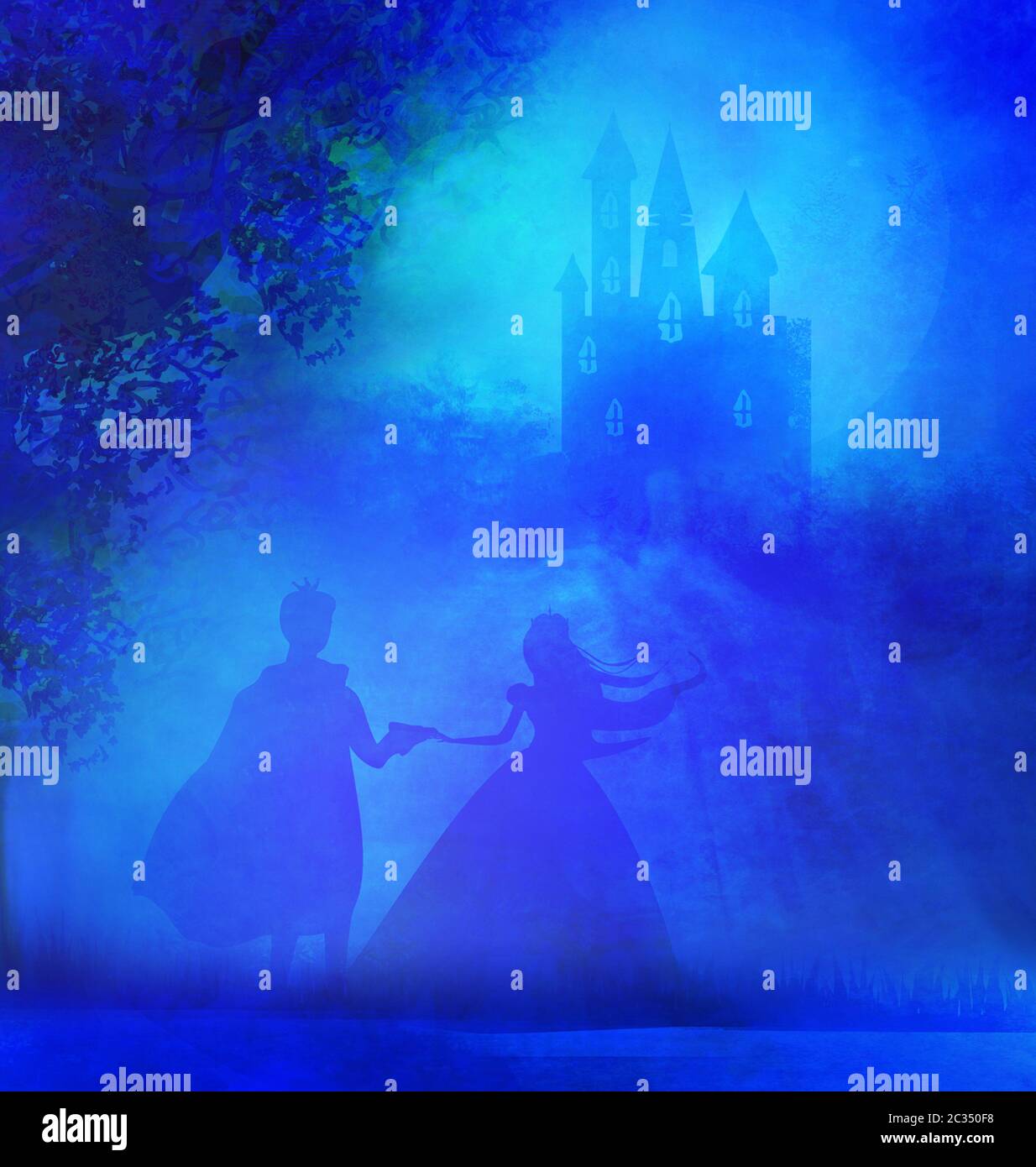 Magic castle and princess with prince Stock Photo - Alamy