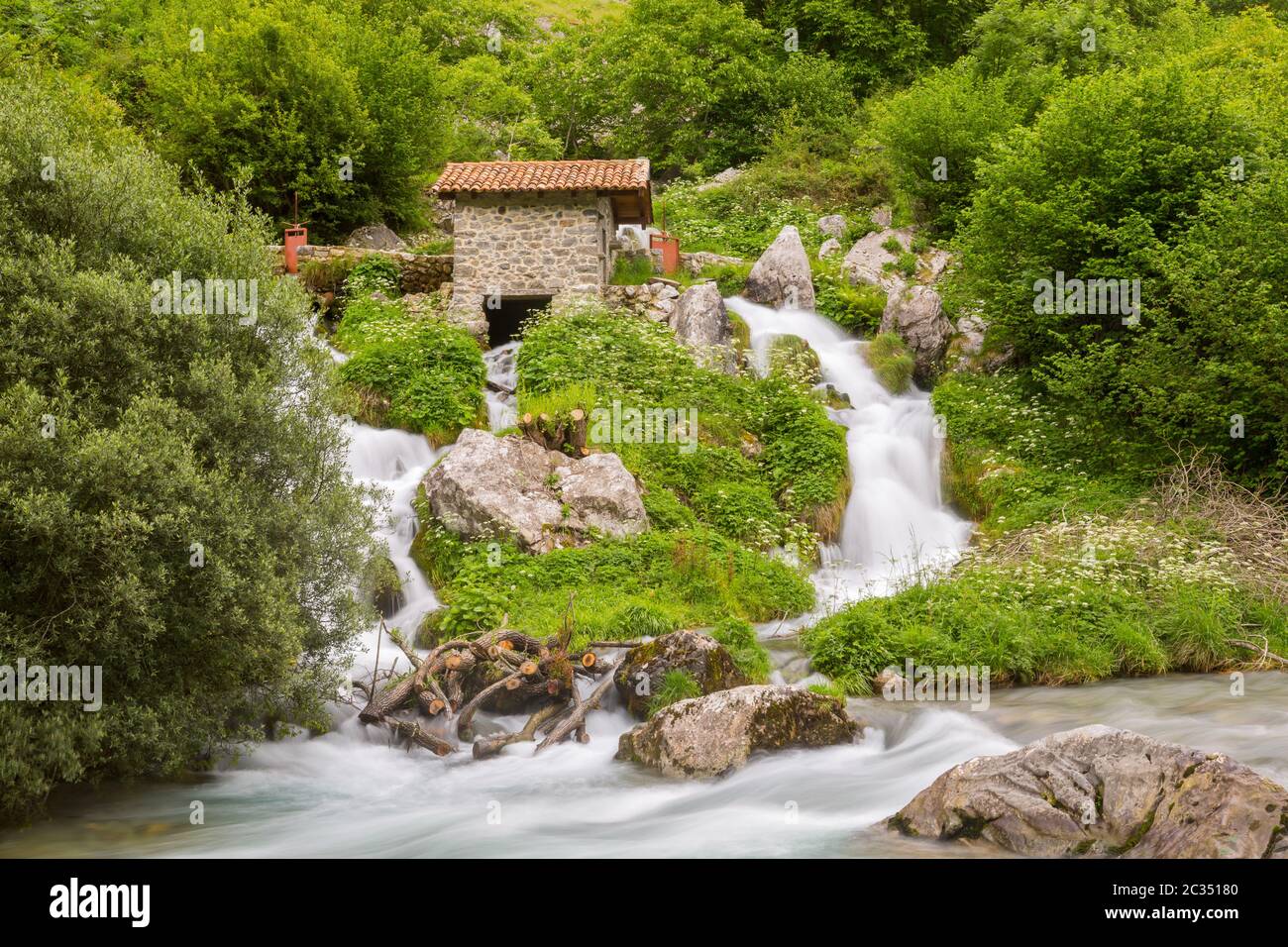 Waterfall in the Cares River located in the Picos de Europa National ...