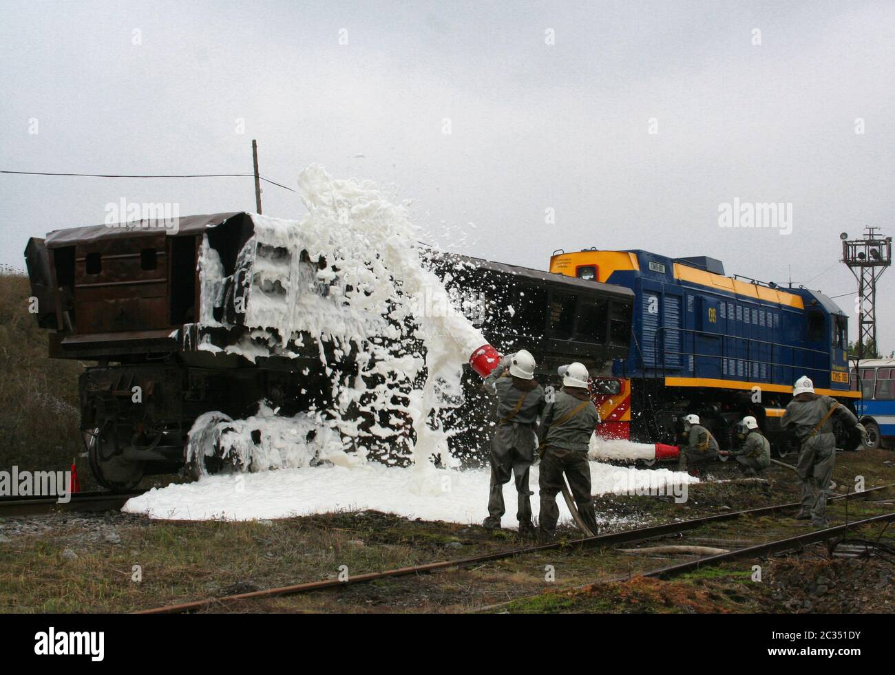 extinguish the fire on the railroad, fire train Stock Photo - Alamy
