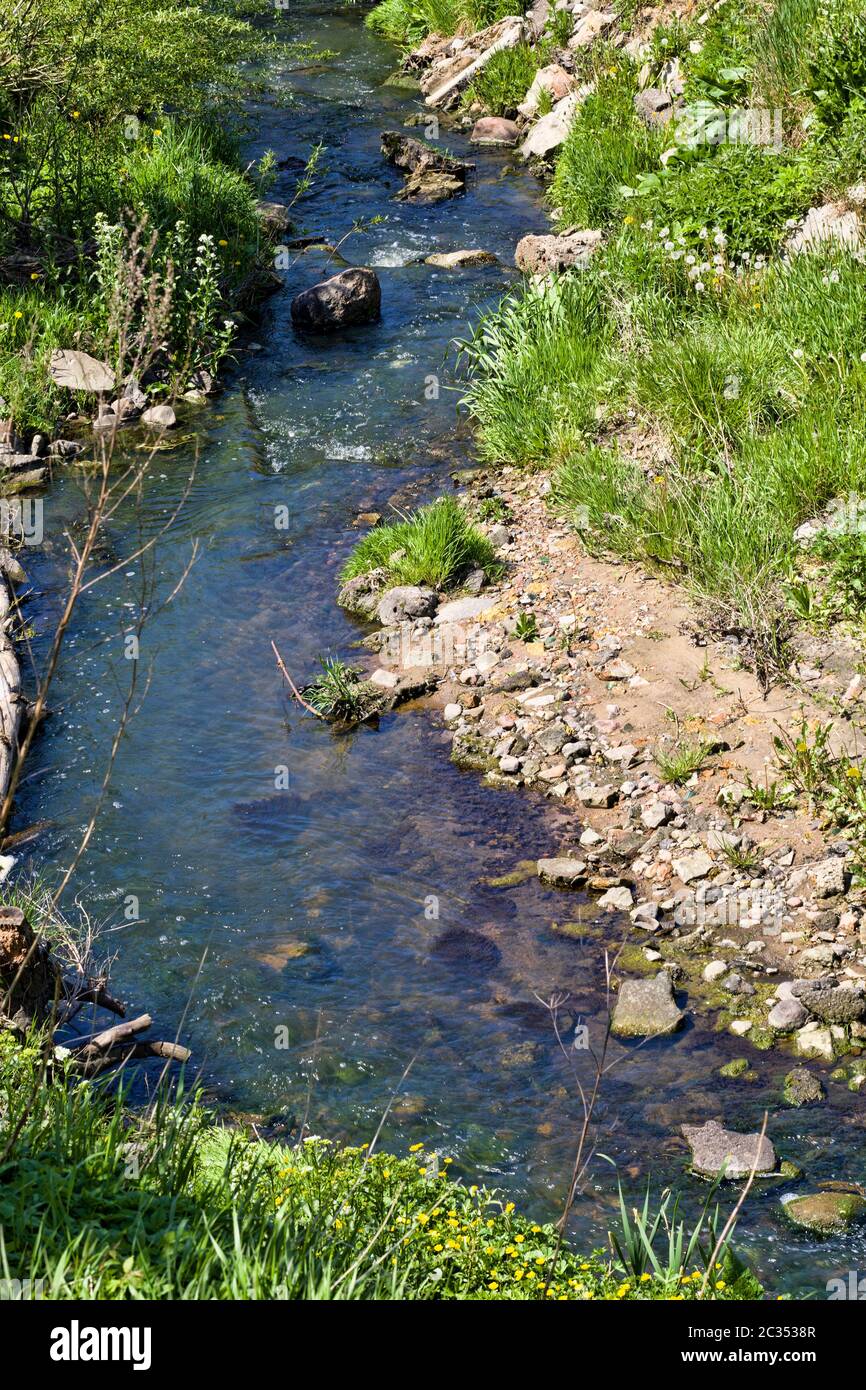 small and narrow creek with a fast flow of water, part of the creek and ...