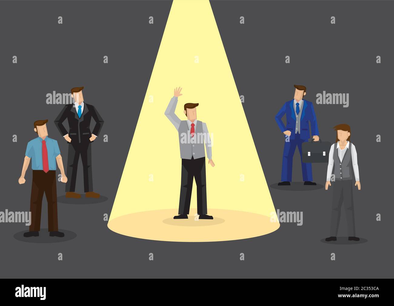 Businessman with arms up with a yellow spot light on him. Concept of ...