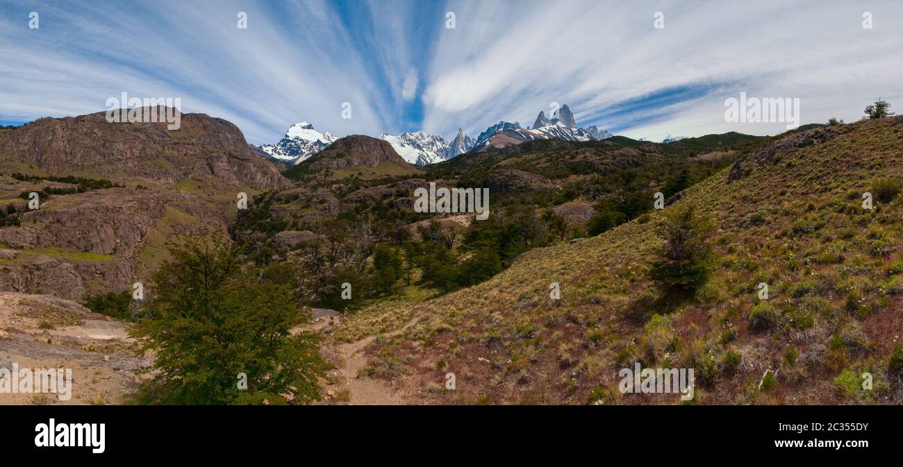 Cerro Torre and Fitz Roy from trekking road headin Stock Photo - Alamy