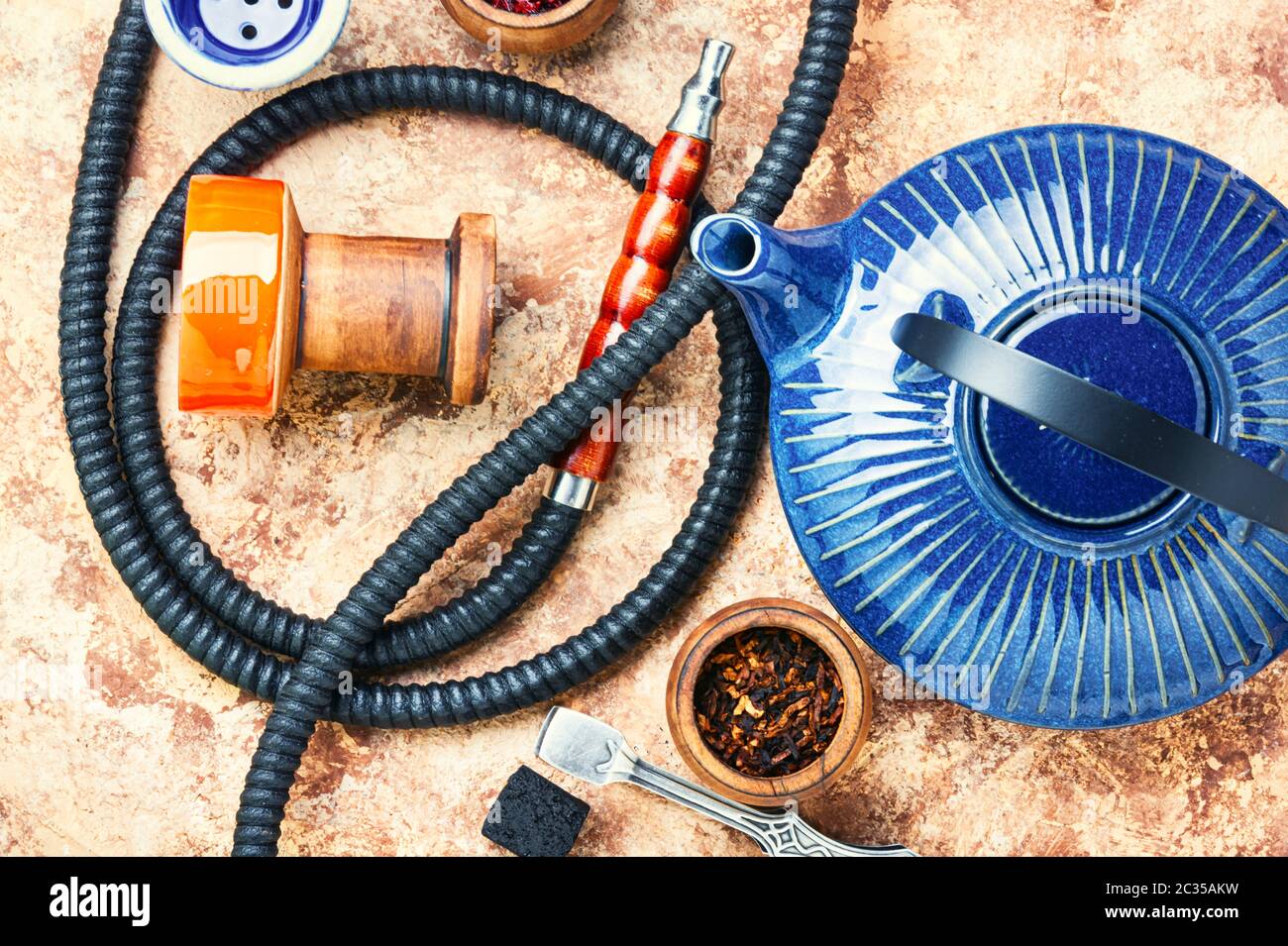 Details of tobacco hookah and teapot with tea.Egyptian smoking shisha ...