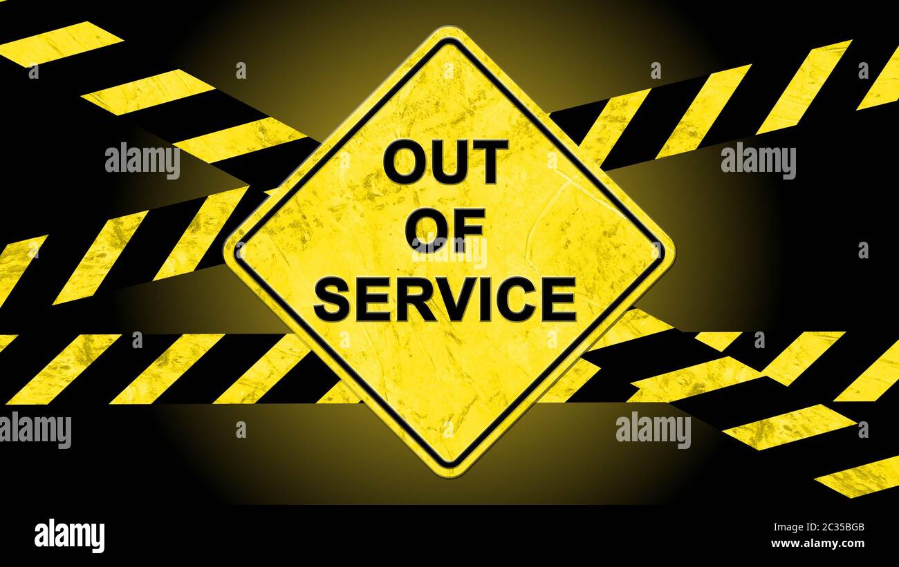 Lettering Out Of Service On A Warning Sign With Caution Tapes In Black lettering-out-of-service-on-a-warning-sign-with-caution-tapes-in-black