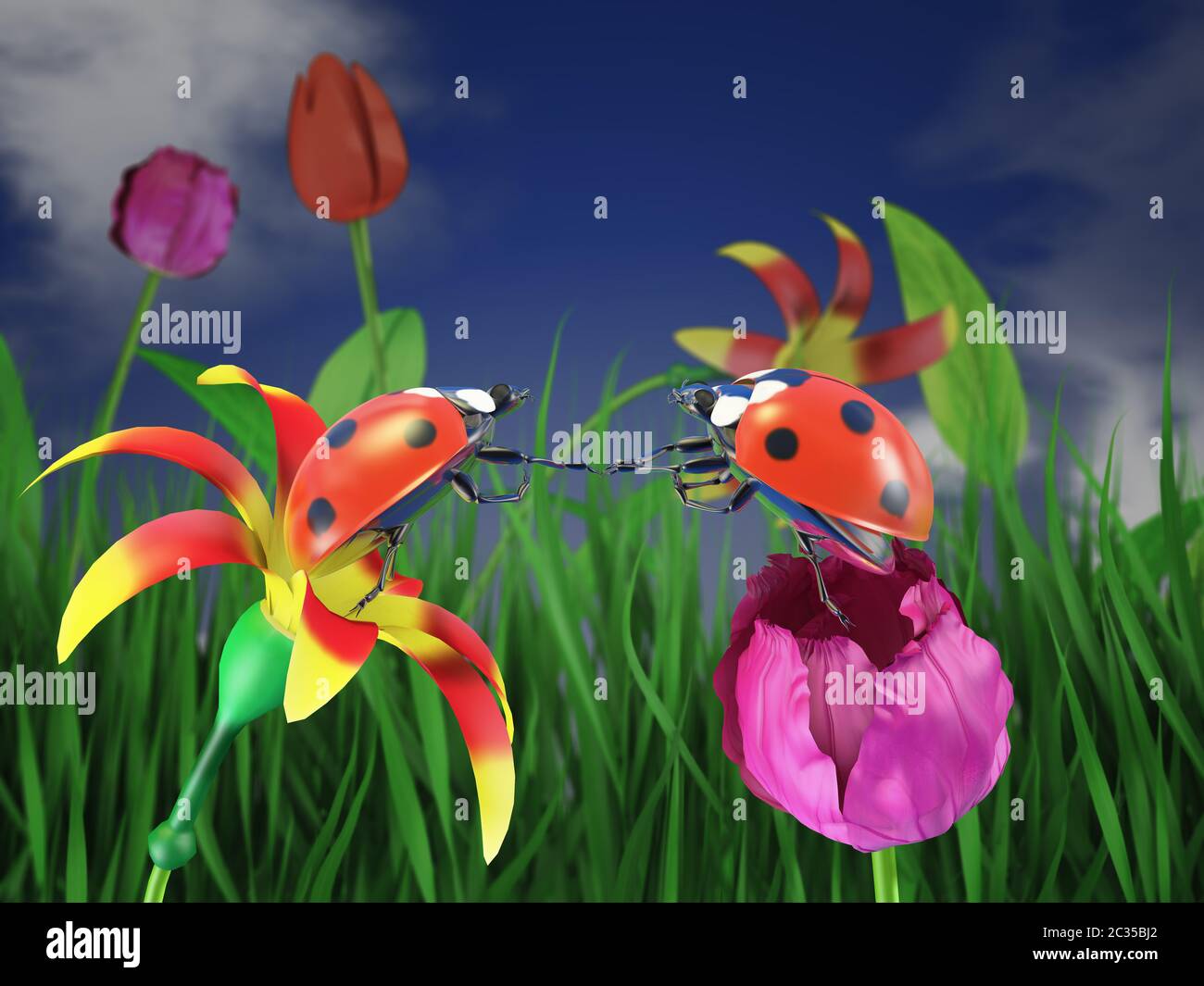Two ladybugs sitting on the flowers on the sky background. 3d render ...