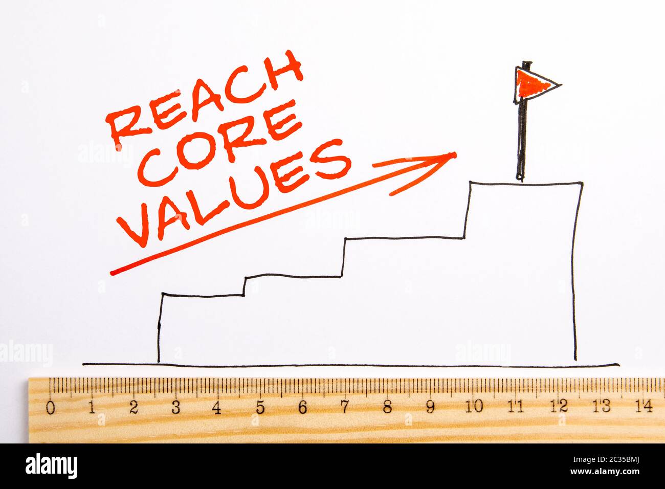 REACH CORE VALUES concept. Steps leading up. Red flag Stock Photo - Alamy