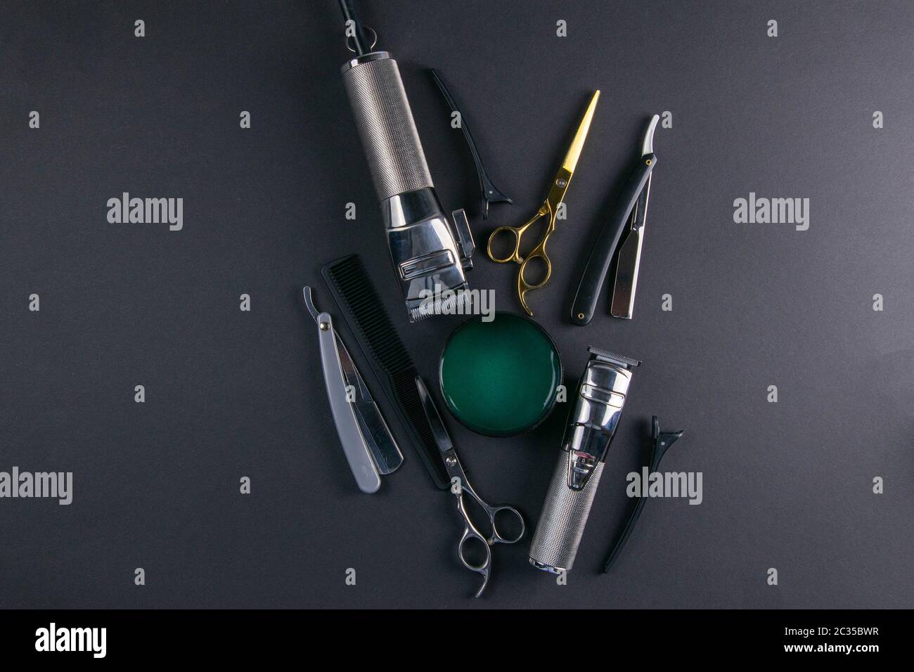 Scissors, hair clipper, combs, dangerous razor, gel for haircuts on ...