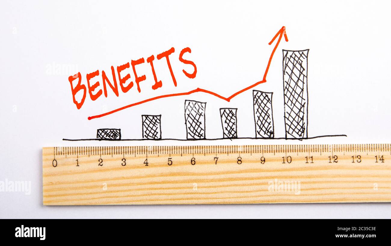 BENEFITS concept. Chart with arrow and wooden ruler on a white ...