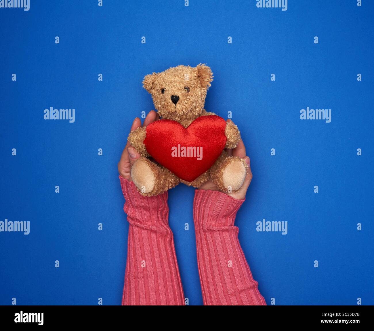 two female hands hold a small toy teddy bear with red heart on a dark ...