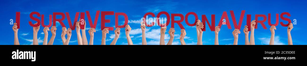 People Hands Holding Colorful English Word I Survived Coronaviru. Blue ...