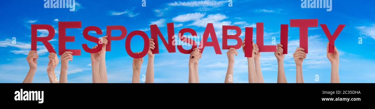 People Hands Holding Colorful English Word Responsibility. Blue Sky As ...