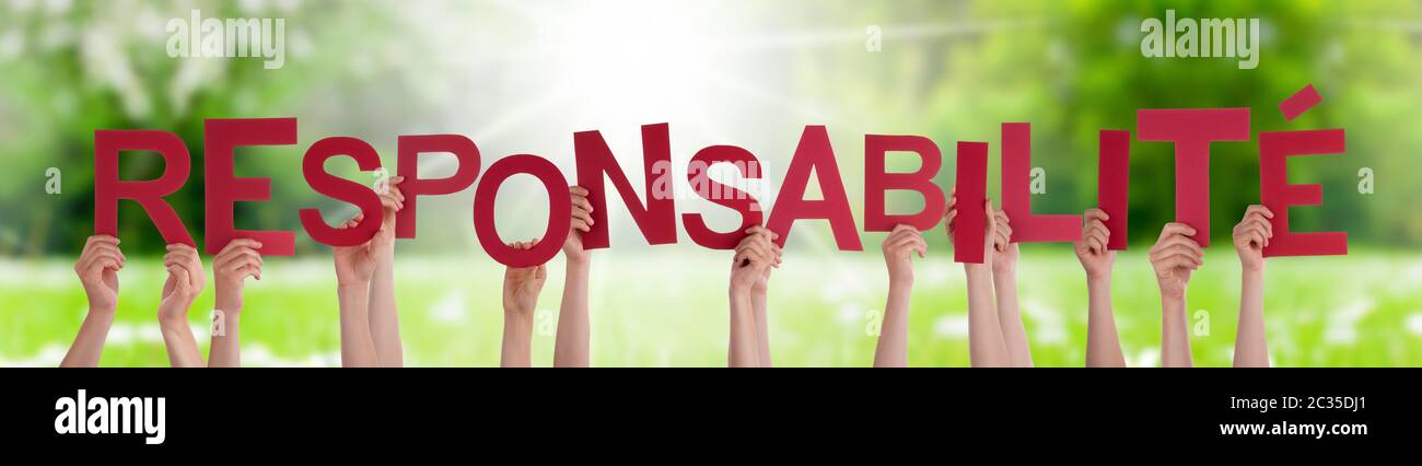 People Hands Holding Colorful French Word Responsabilite Means ...