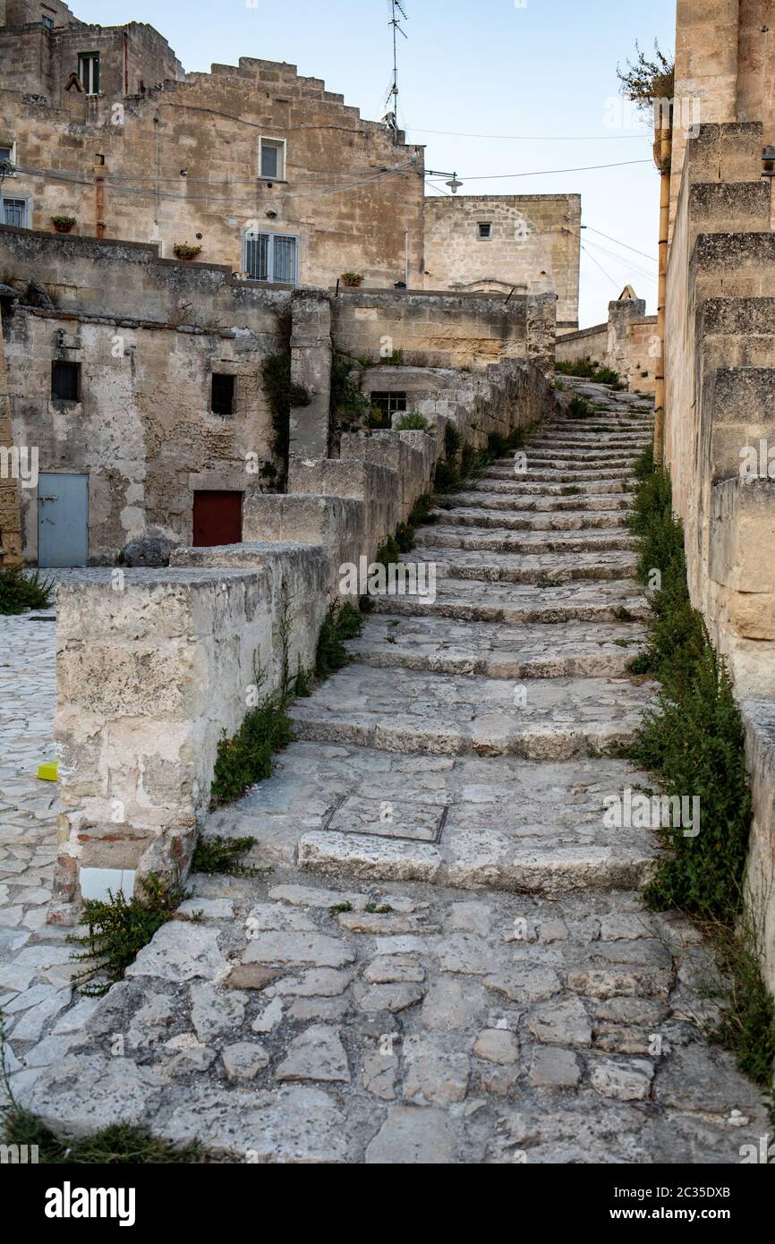 Matera, Italy - September 15, 2019: Typical cobbled stairs in a side ...