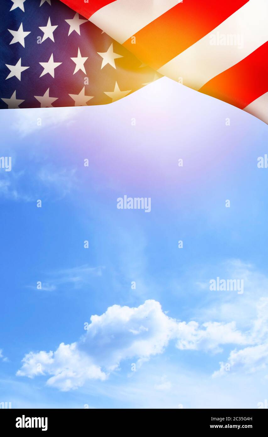 American flag on the background of the dawn sky. Top view, copy space ...