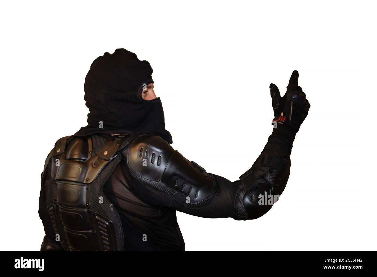 Isolated on white background man in a mask rider of a motorcycle and ...