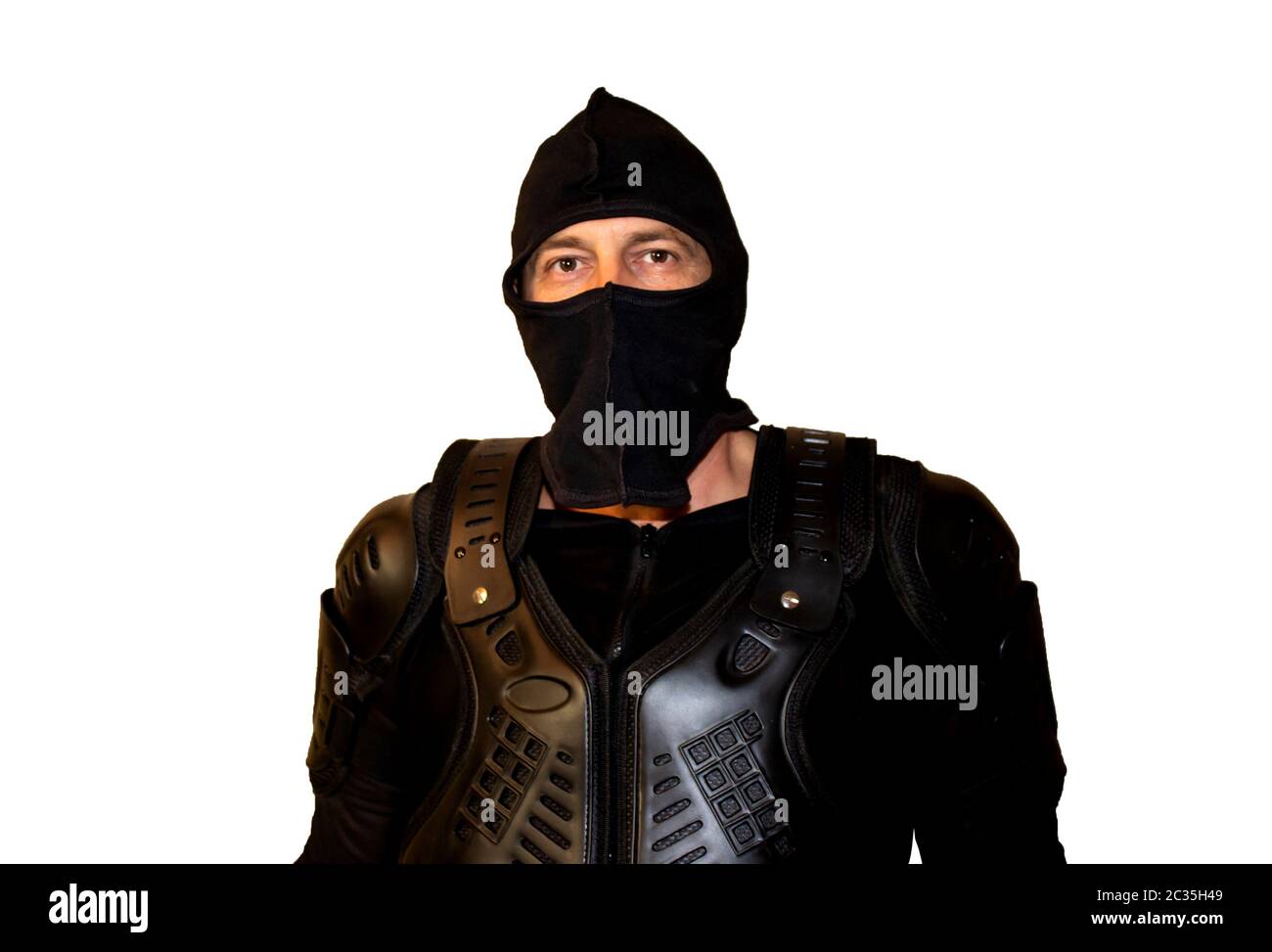 Isolated on white background man in a mask rider of a motorcycle and ...