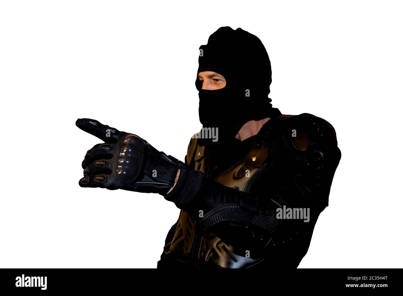 Isolated on white background man in a mask rider of a motorcycle and ...