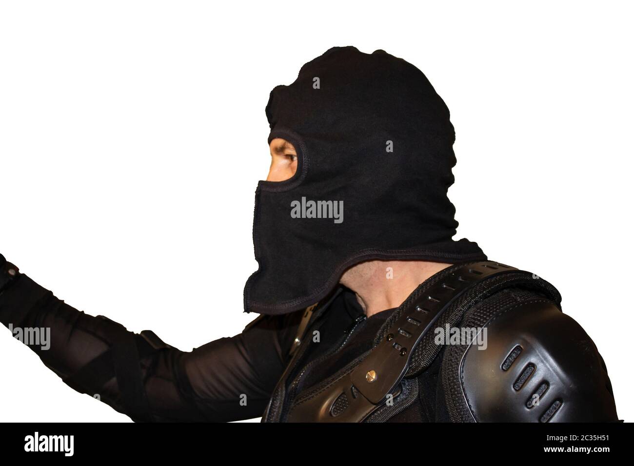 Isolated on white background man in a mask rider of a motorcycle and ...