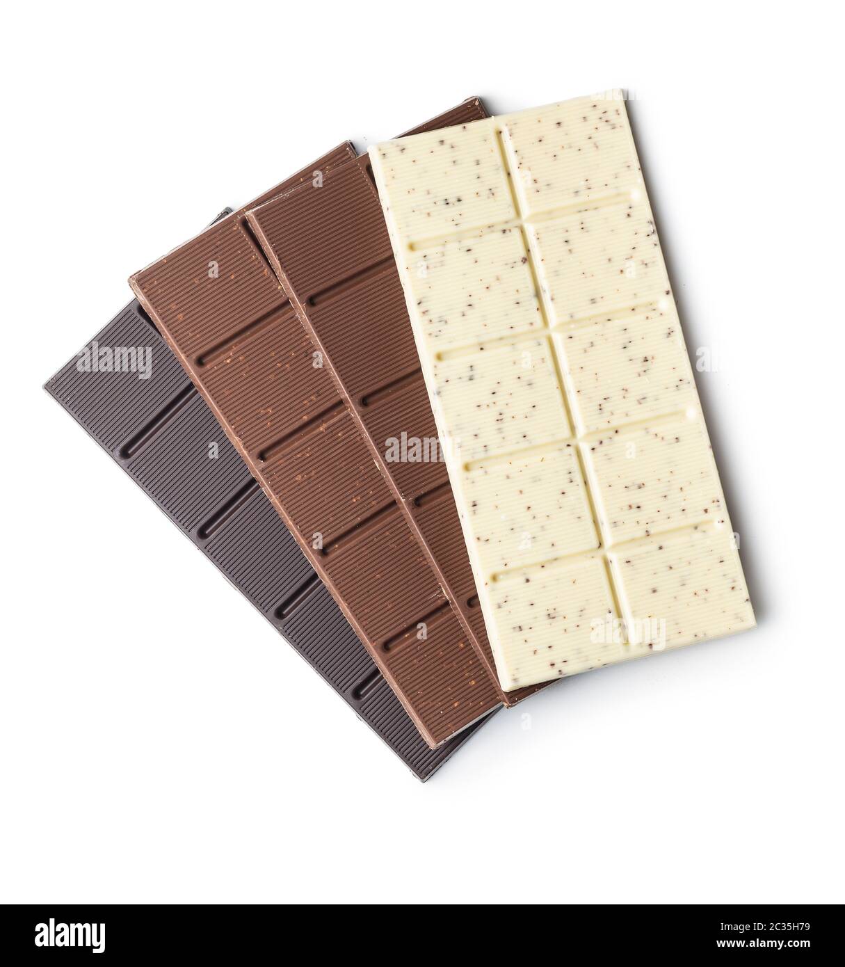 Dark, milk and white chocolate bars isolated on white background Stock ...