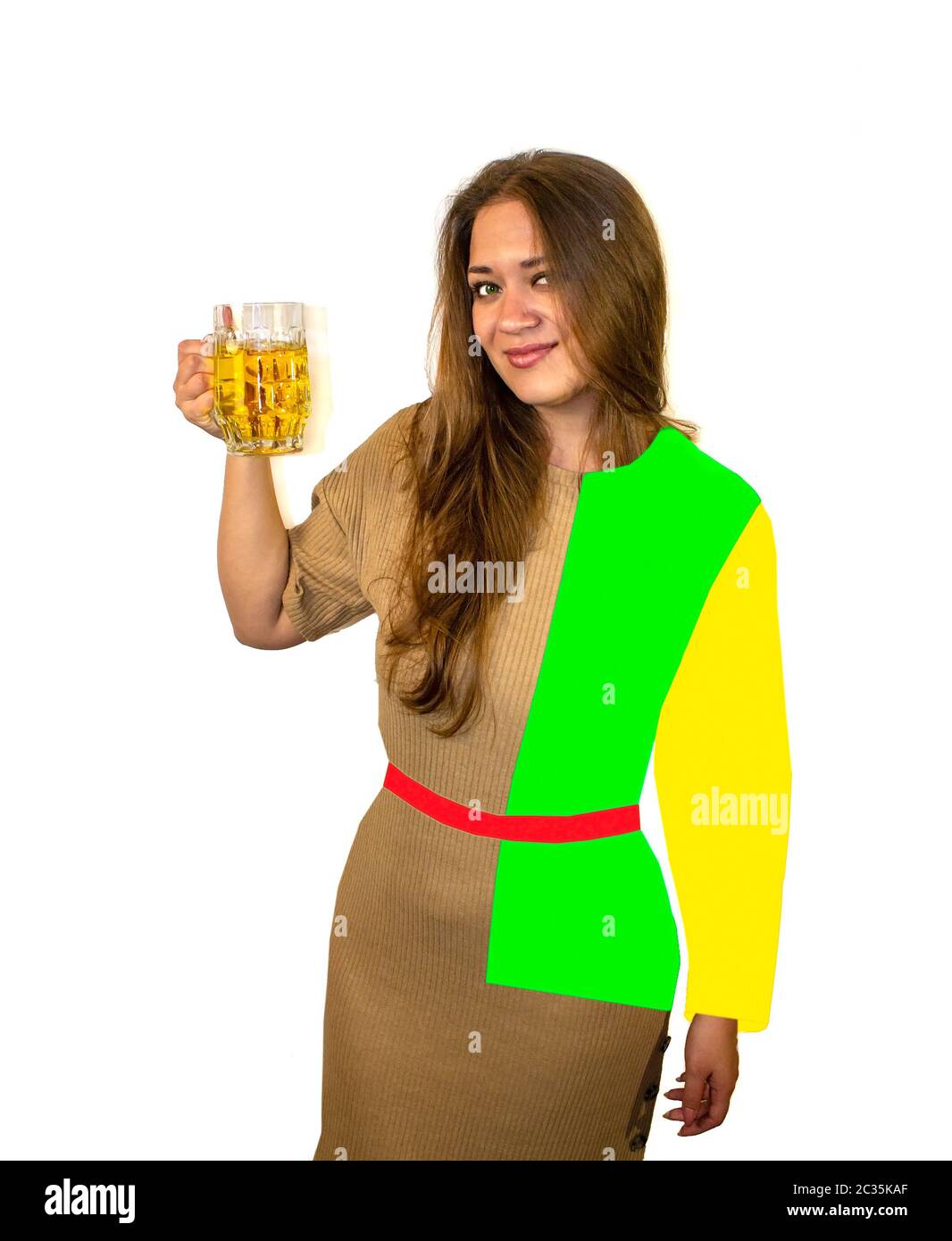 Trend photo of a beautiful young girl with a beer. Minimal concept ...