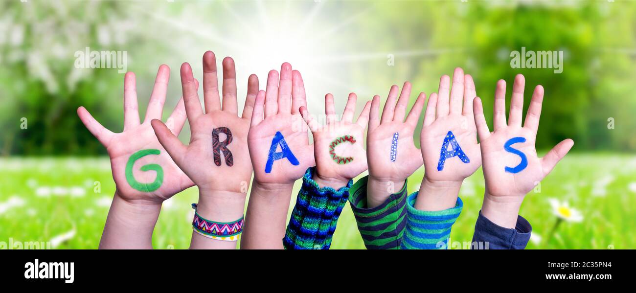 Many Children Hands Building Colorful Spanish Word Gracias Means Thank ...