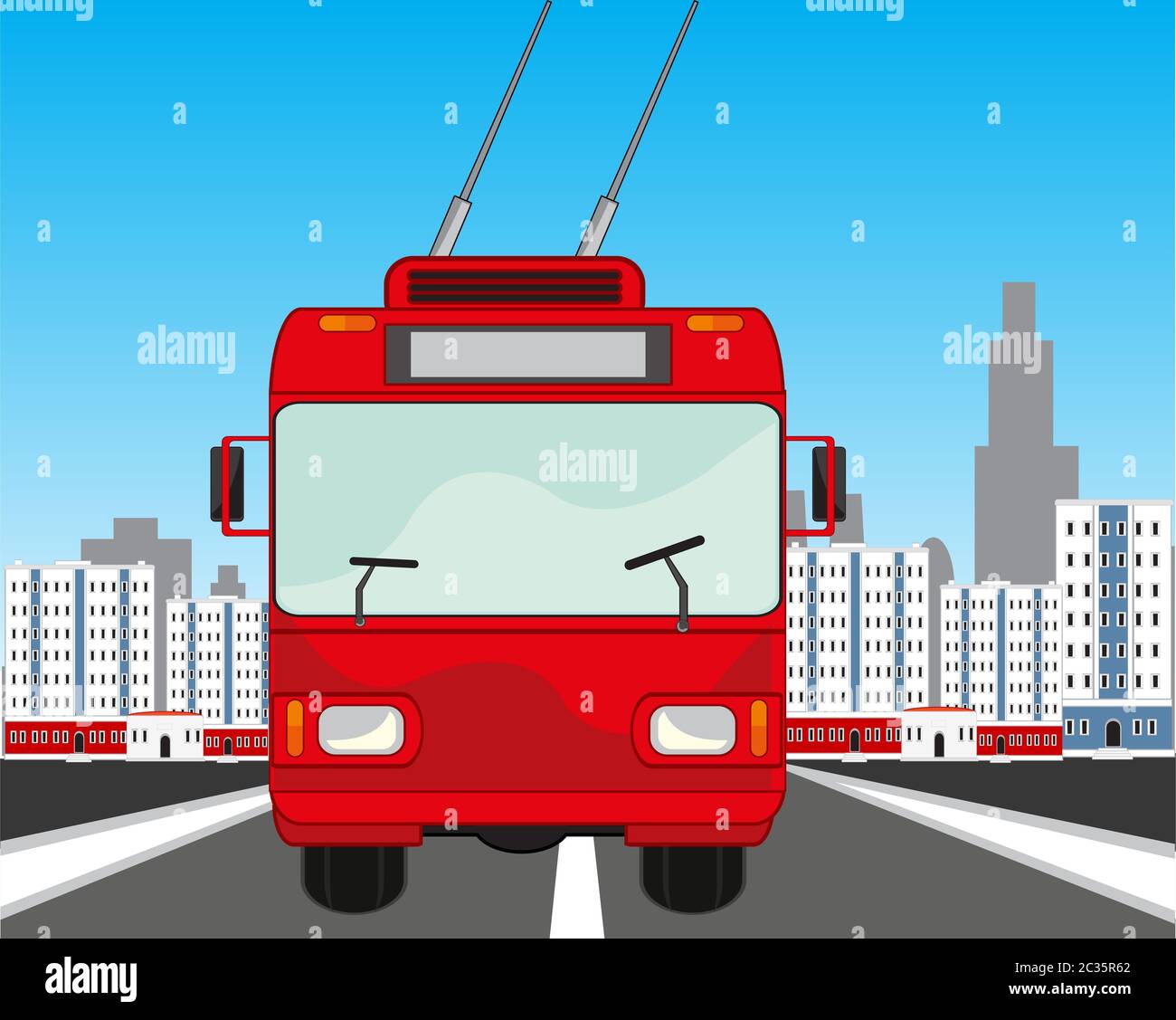 Drawing of the trolley bus moving on street of the city type frontal ...