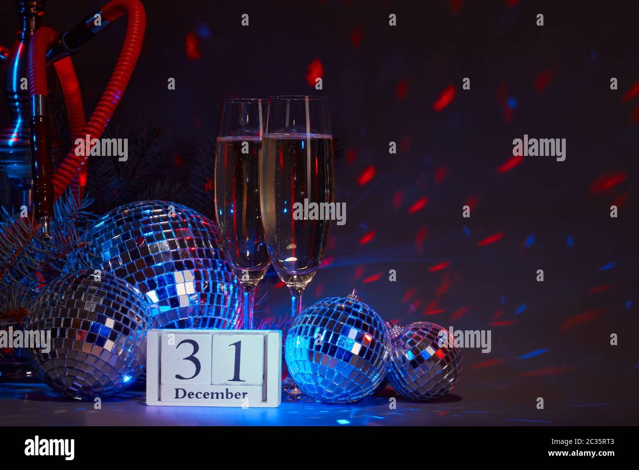 Hookah (shisha), champagne flutes, mirror disco balls, fir branch ...