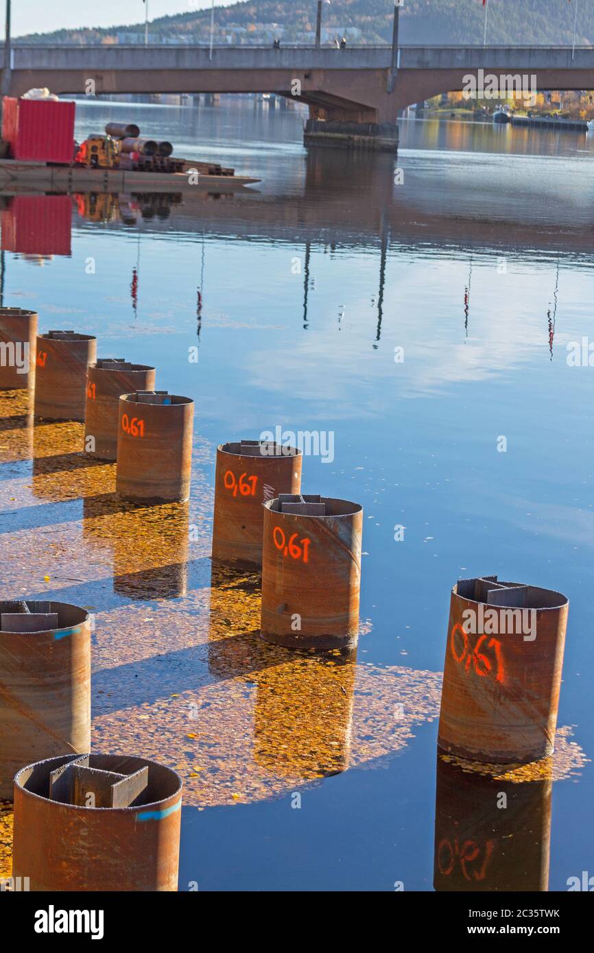 Steel pipes with beam support in water construction hi-res stock ...