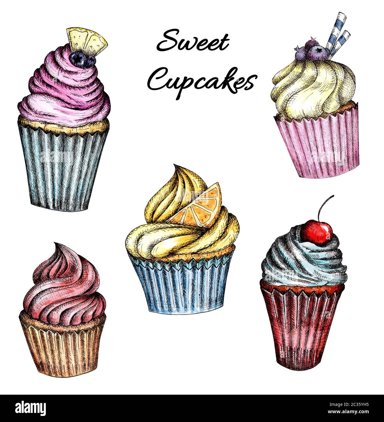 A collection of Colorful cupcakes with cream and berries. Watercolor ...