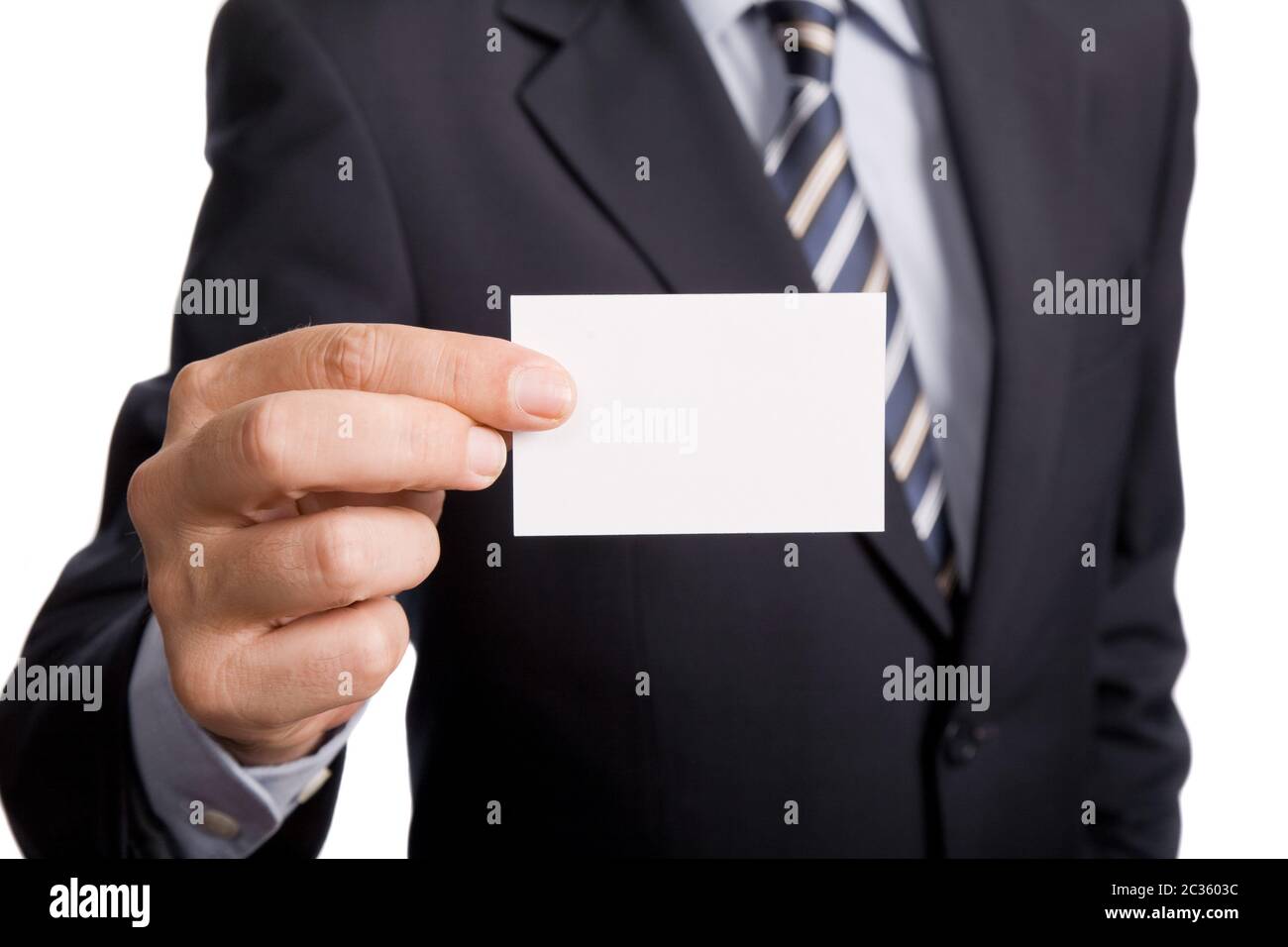 Hand of businessman offering business card on white background Stock ...