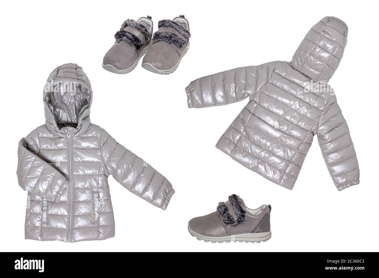 Collage set of little girl clothes isolated on a white background. A ...