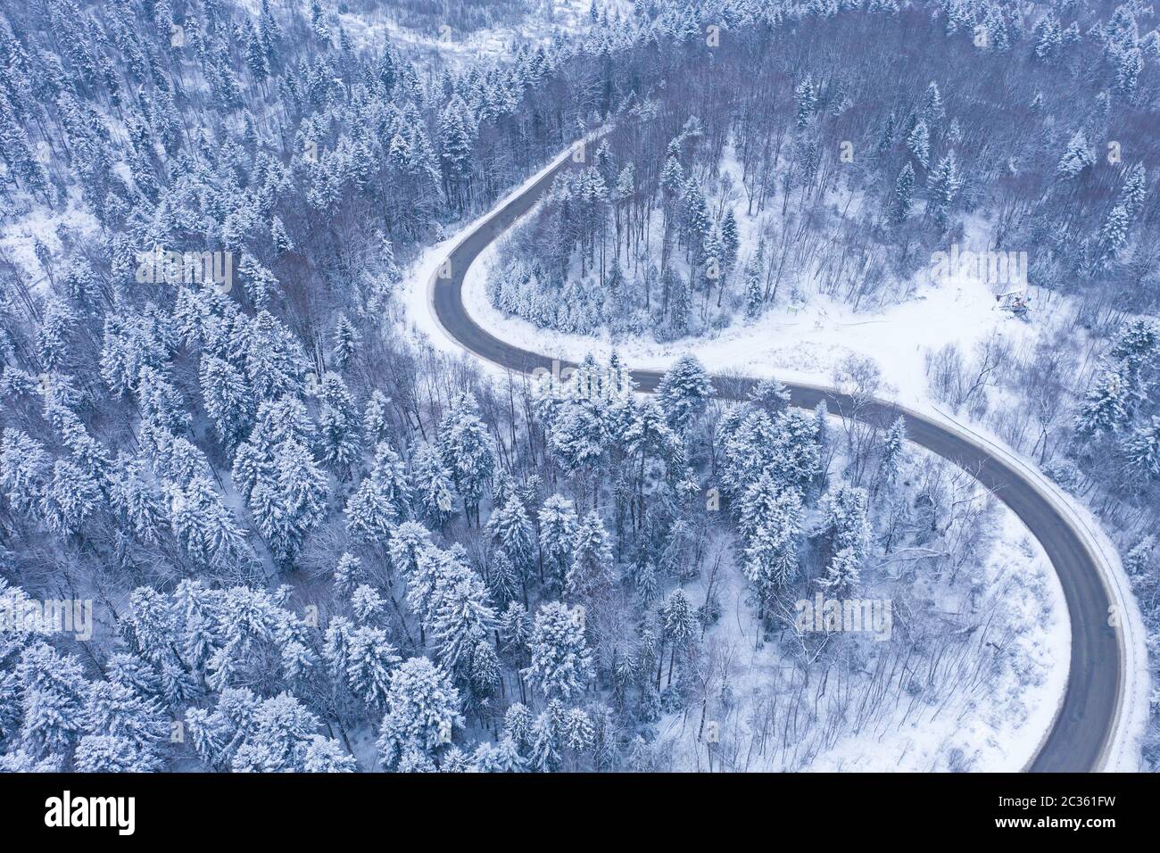 Aerial view of winter road and forest with snow covered trees, top view ...