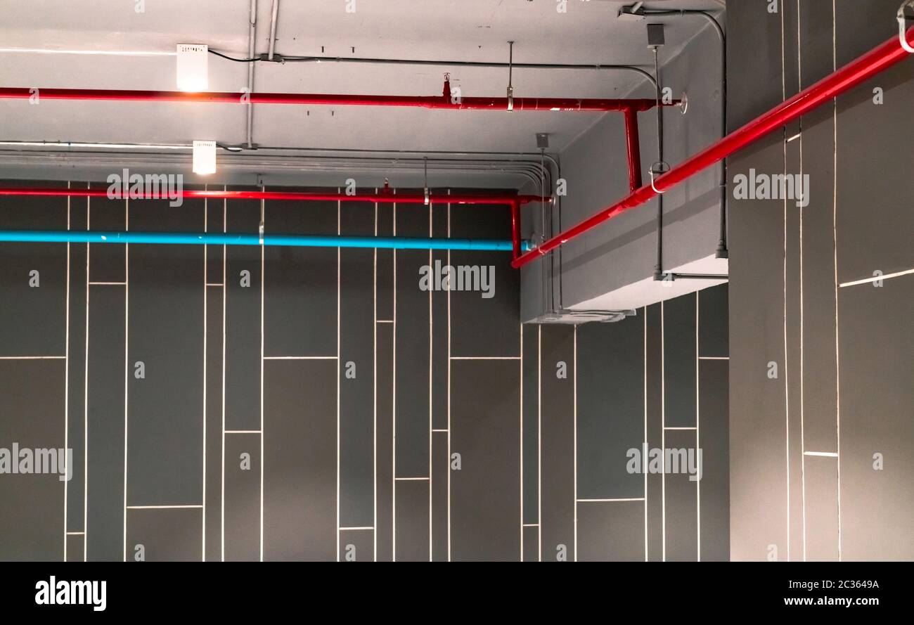 Automatic fire sprinkler safety system and red water supply pipe. Fire ...