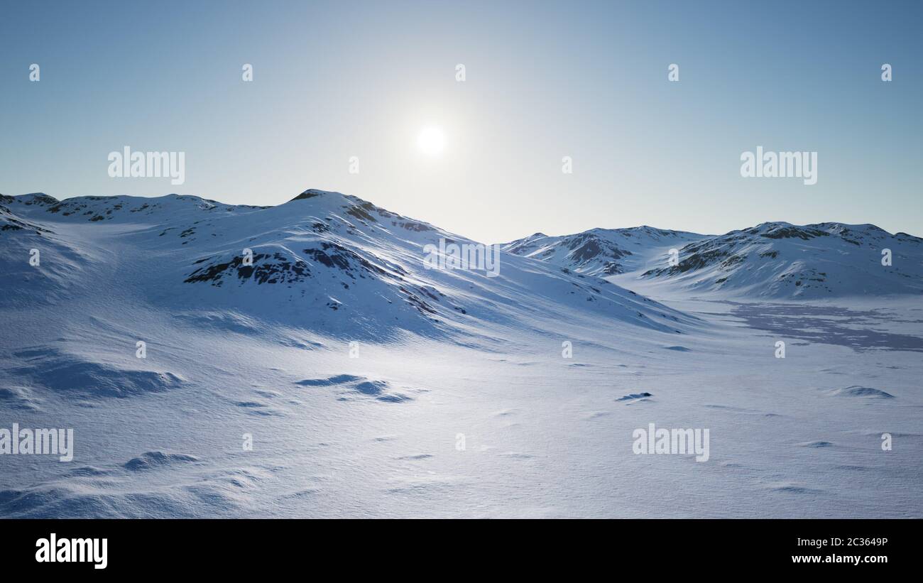 Aerial Landscape of snowy mountains and icy shores in Antarctica Stock ...
