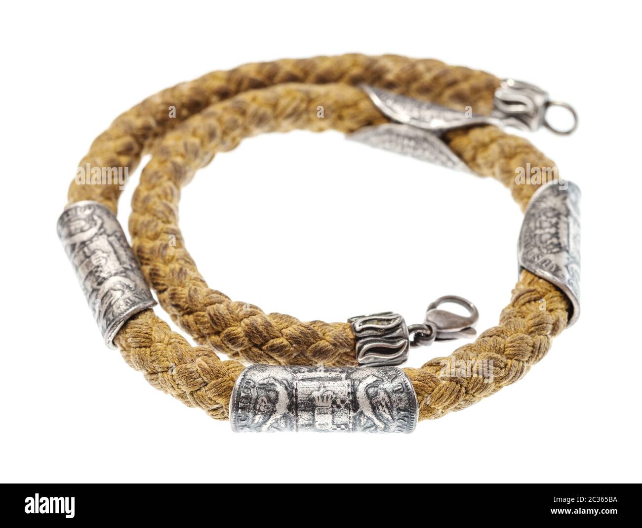 spiral vintage necklace from cotton rope with ancient silver coins ...