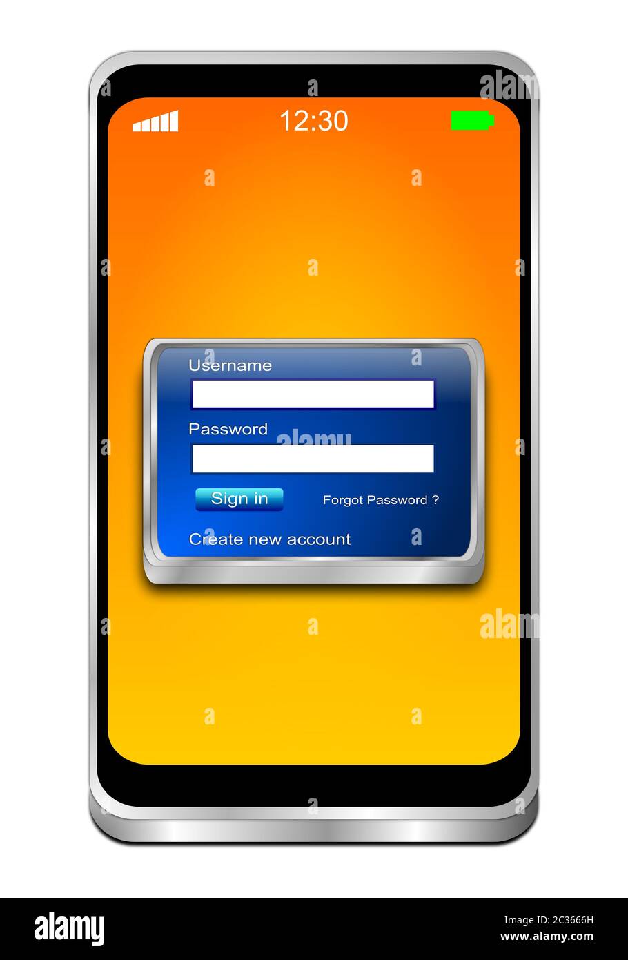 Smartphone with blue Login Screen on orange display - 3D illustration ...