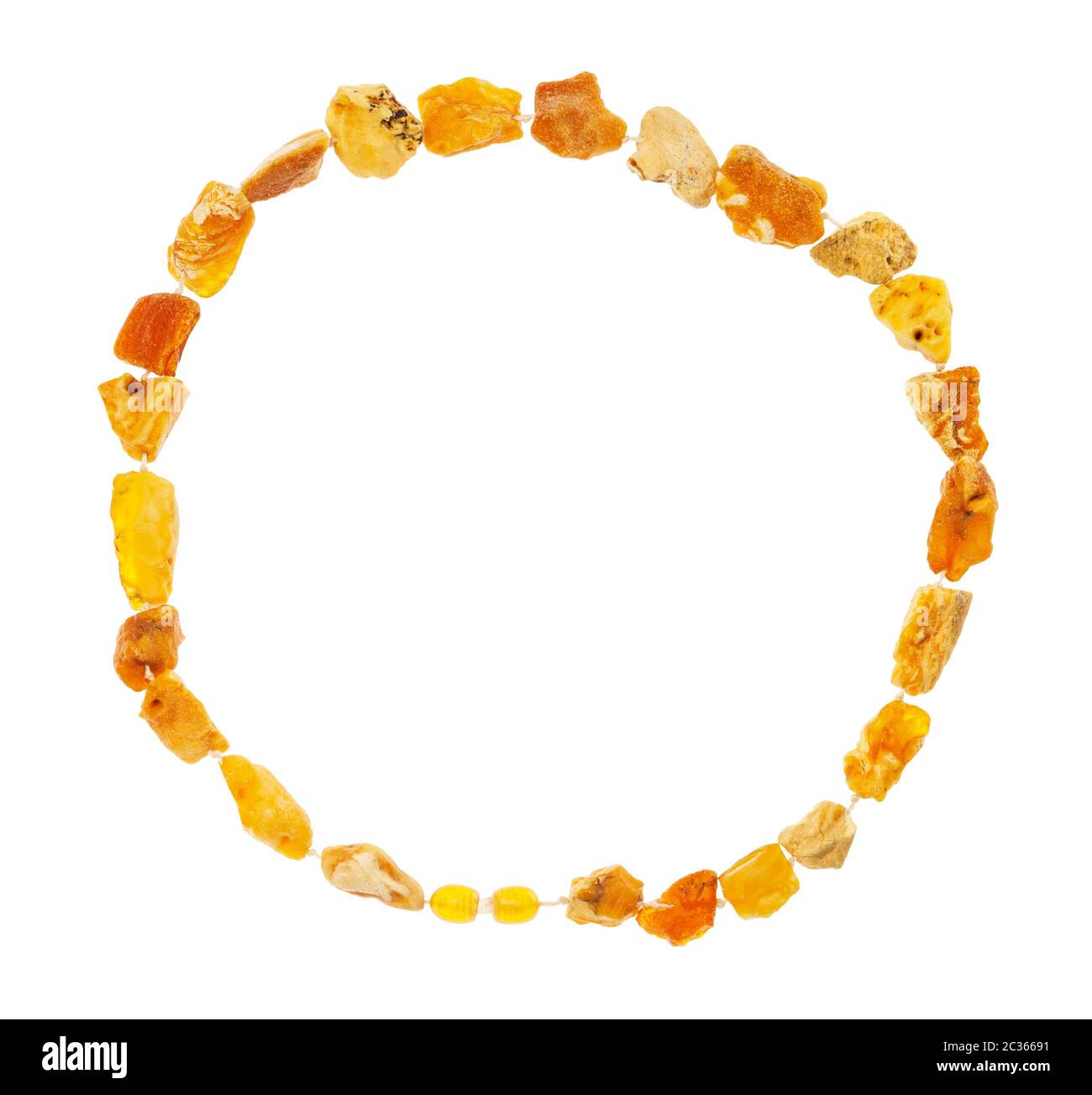 top view of necklace from natural raw yellow amber nuggets isolated on ...