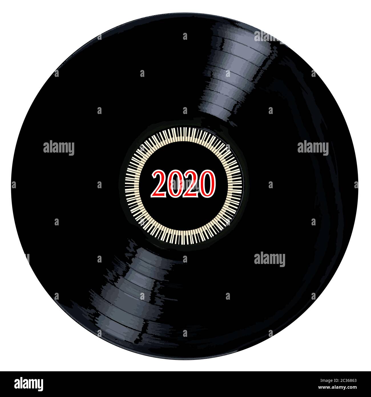 A typical LP vinyl record with the legend 2020 and a circle of piano ...
