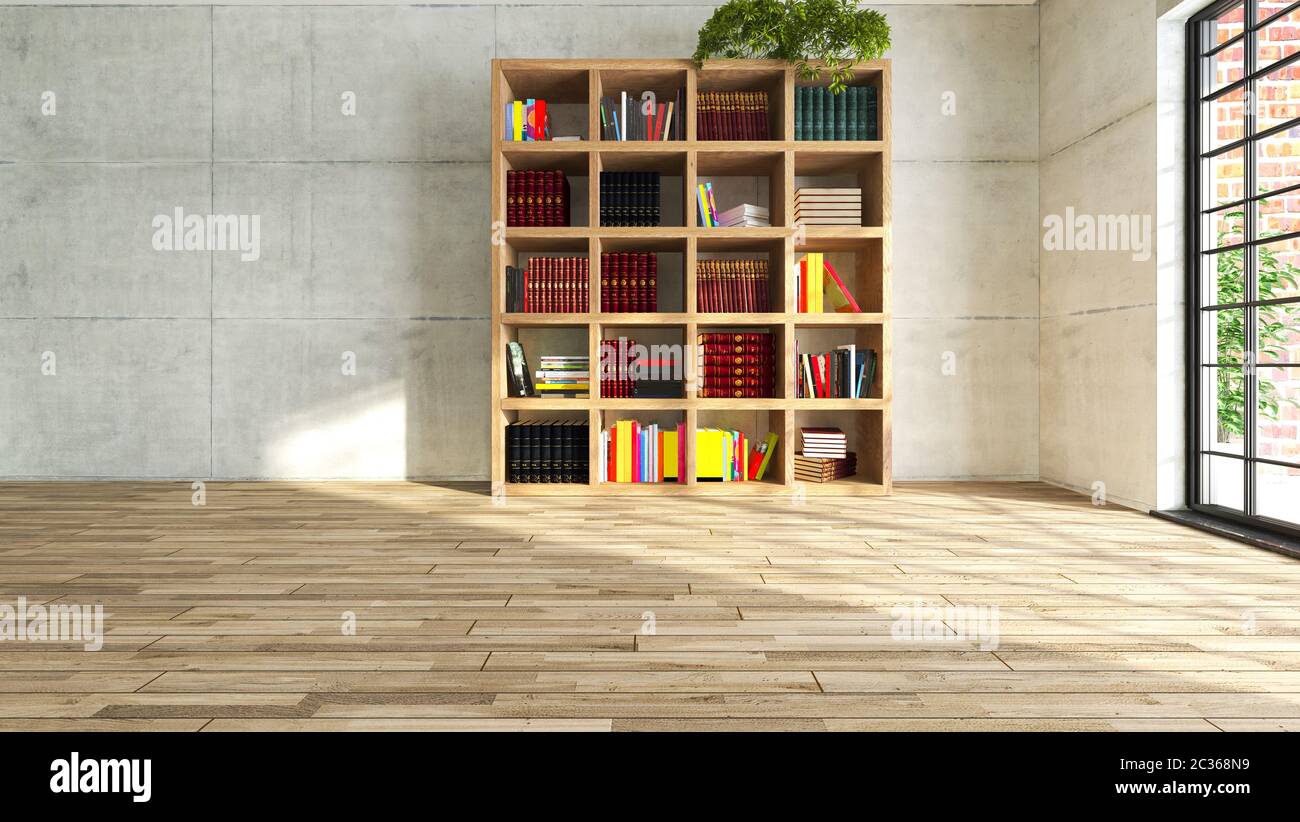Wooden personal bookcase in empty room with concrete walls. reflection ...