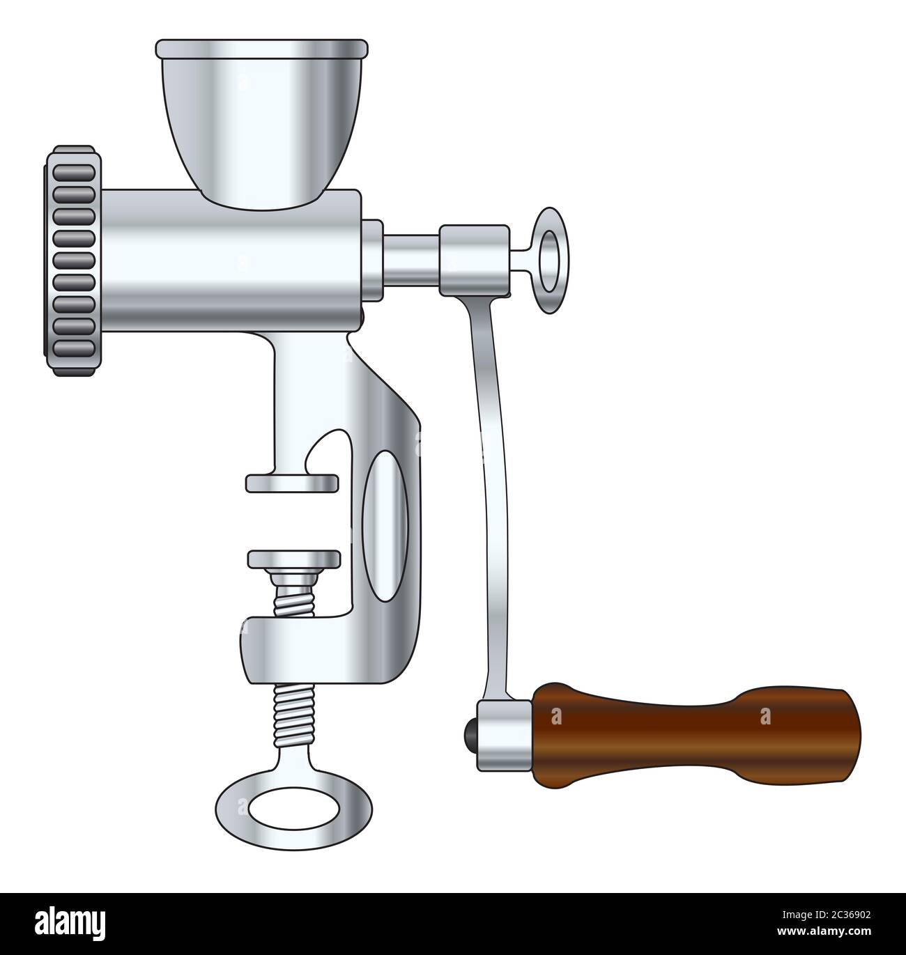 An old cast metal hand operated meat mincer over a white background ...