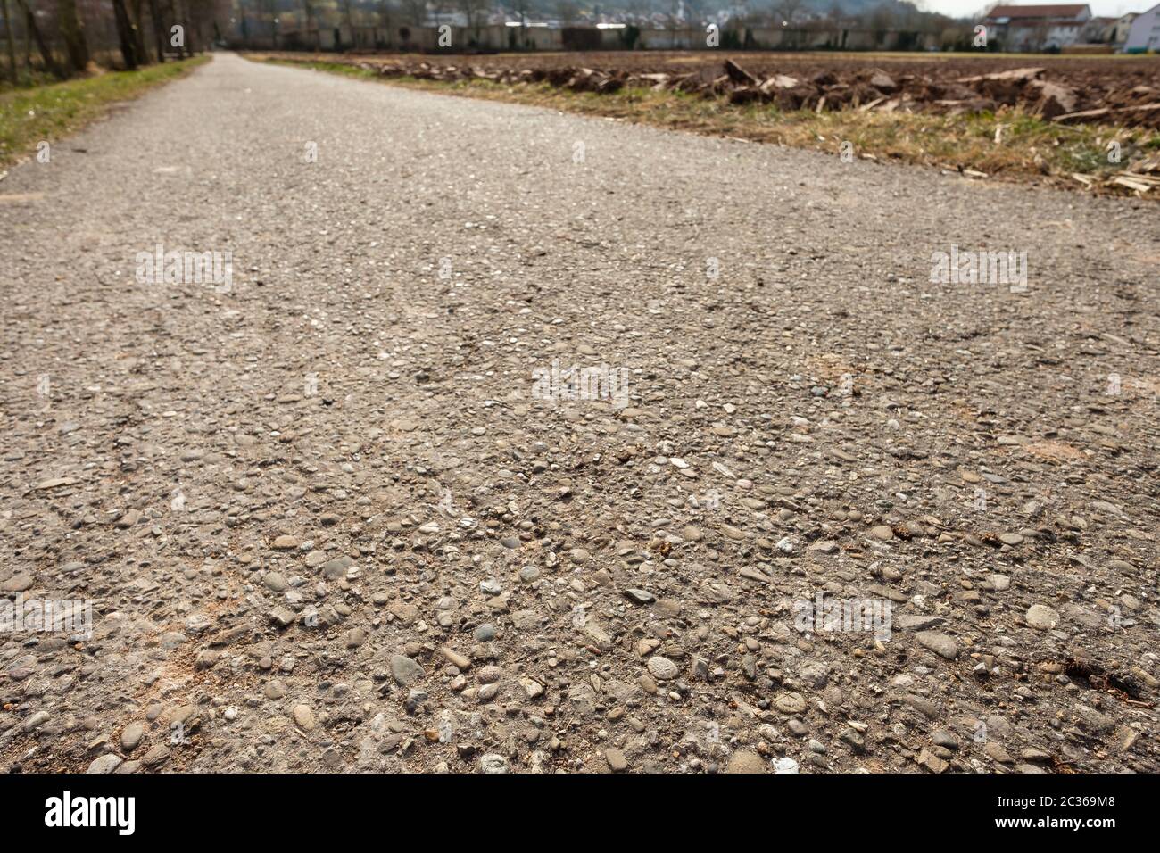 Field path with tar and stones in backlight and focus on foreground ...
