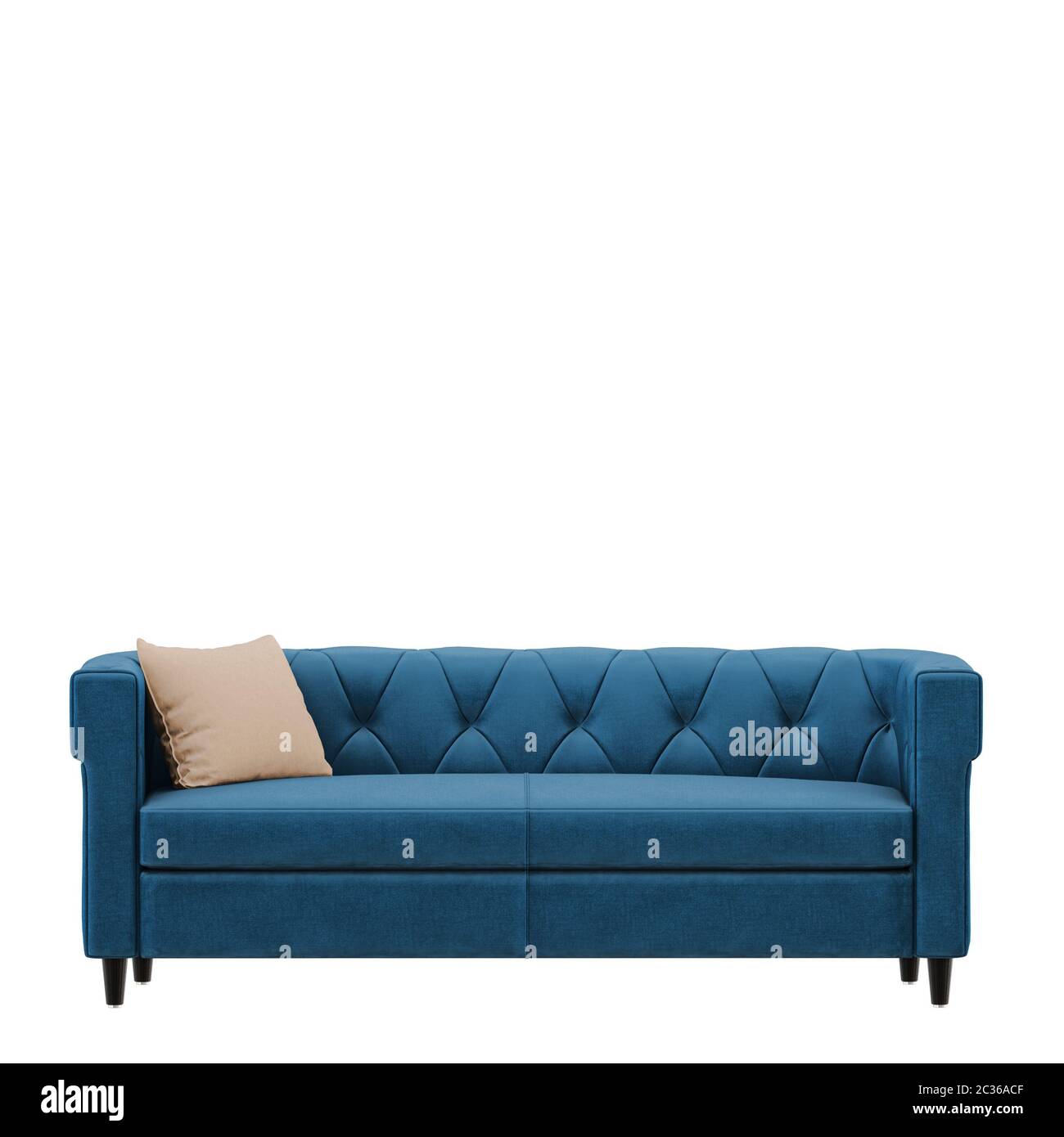Blue sofa front view with pillow isolated background 3d rendering Stock ...