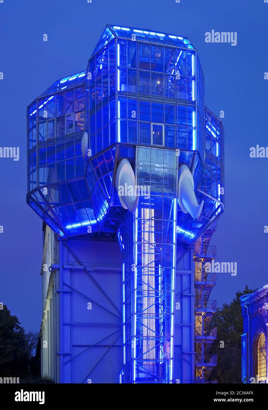 Autumn lights with illuminated glass elephant in the Maximilianpark ...