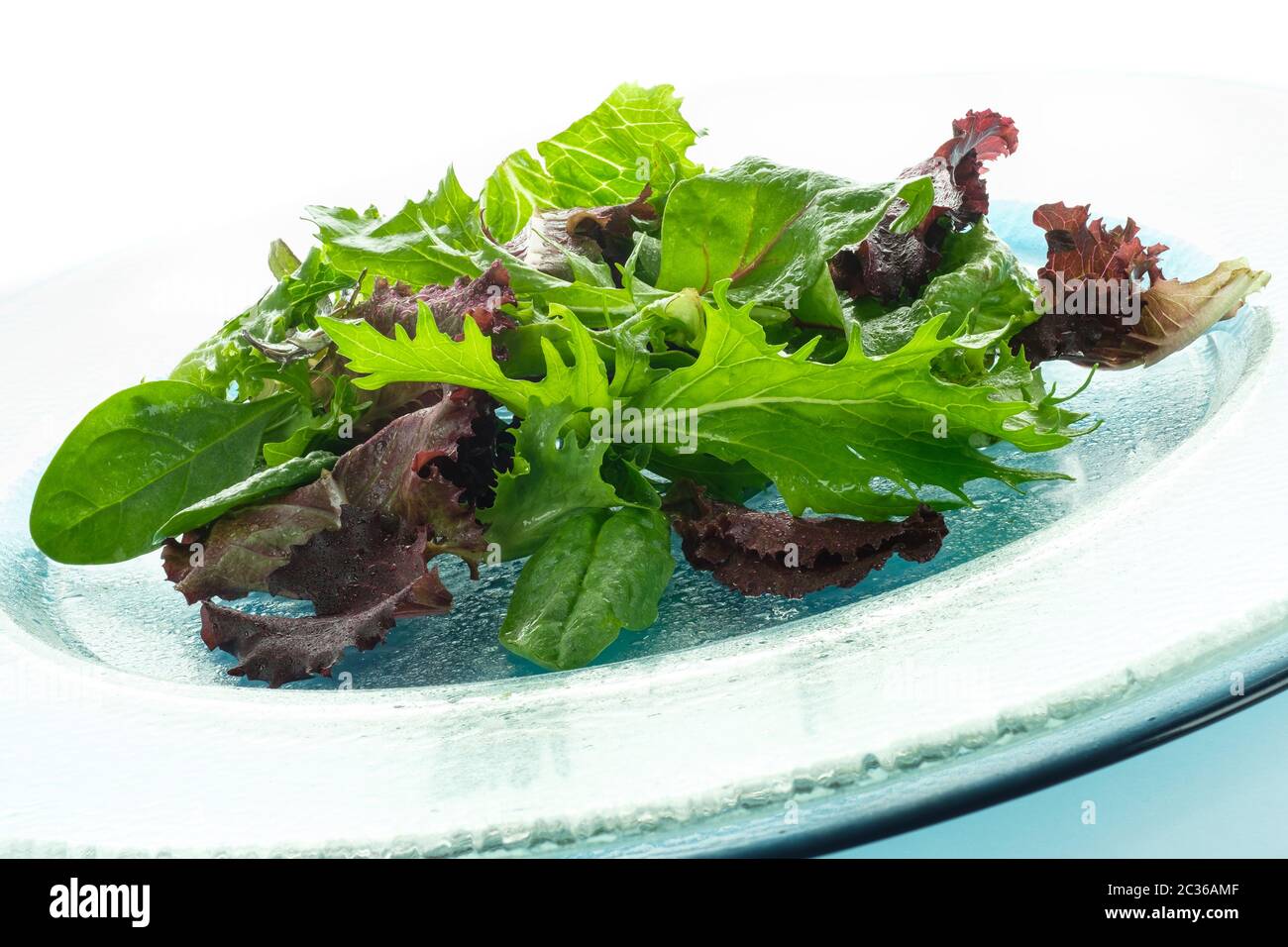 Different lettuce with dressing on a plate on back lit Stock Photo - Alamy