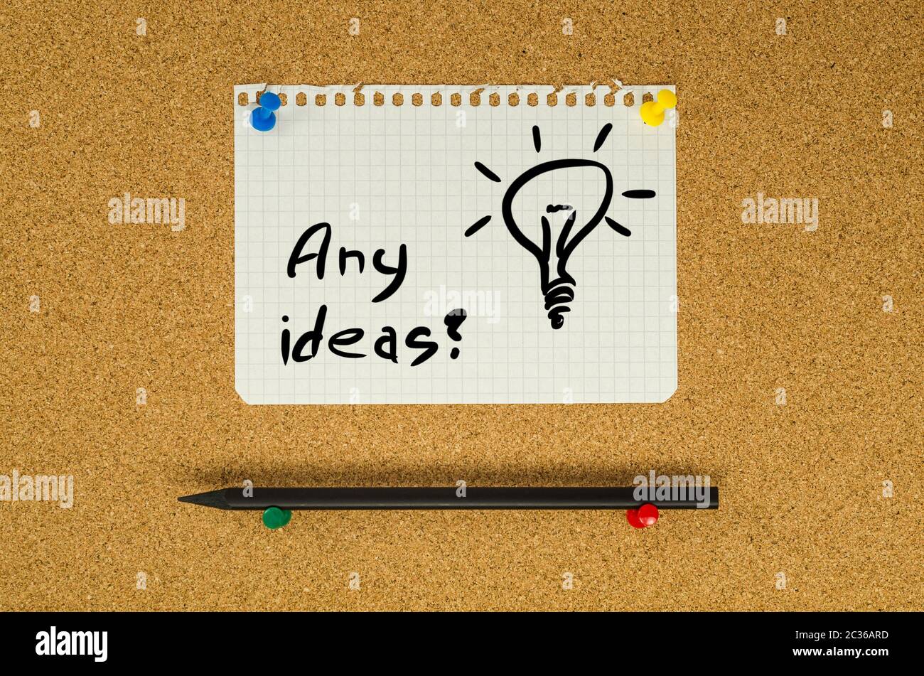 Any ideas text note message pin on bulletin board Stock Photo - Alamy