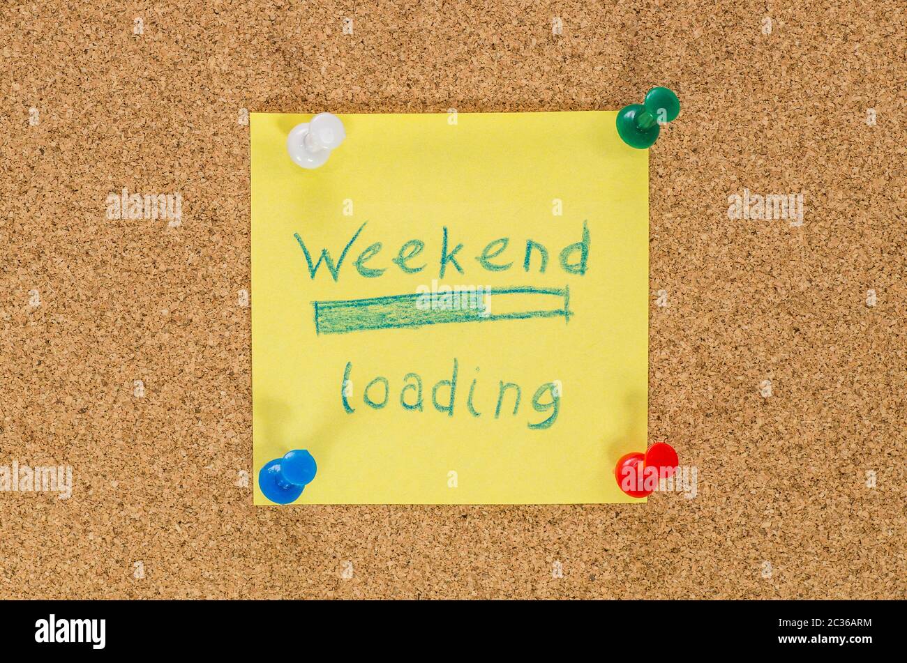 Weekend note pinned on the cork board Stock Photo - Alamy