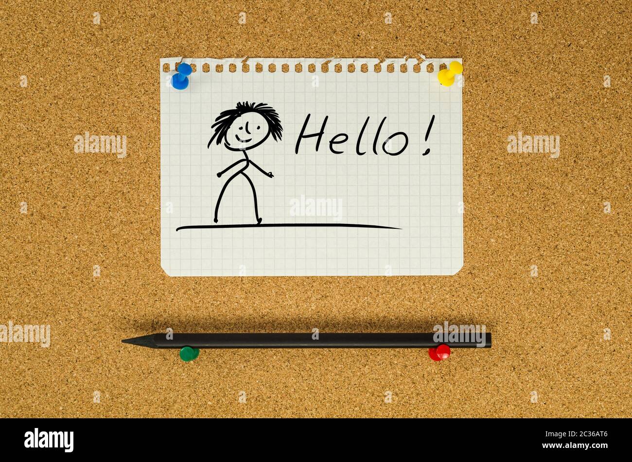 Hello text note message pin on bulletin board Stock Photo - Alamy