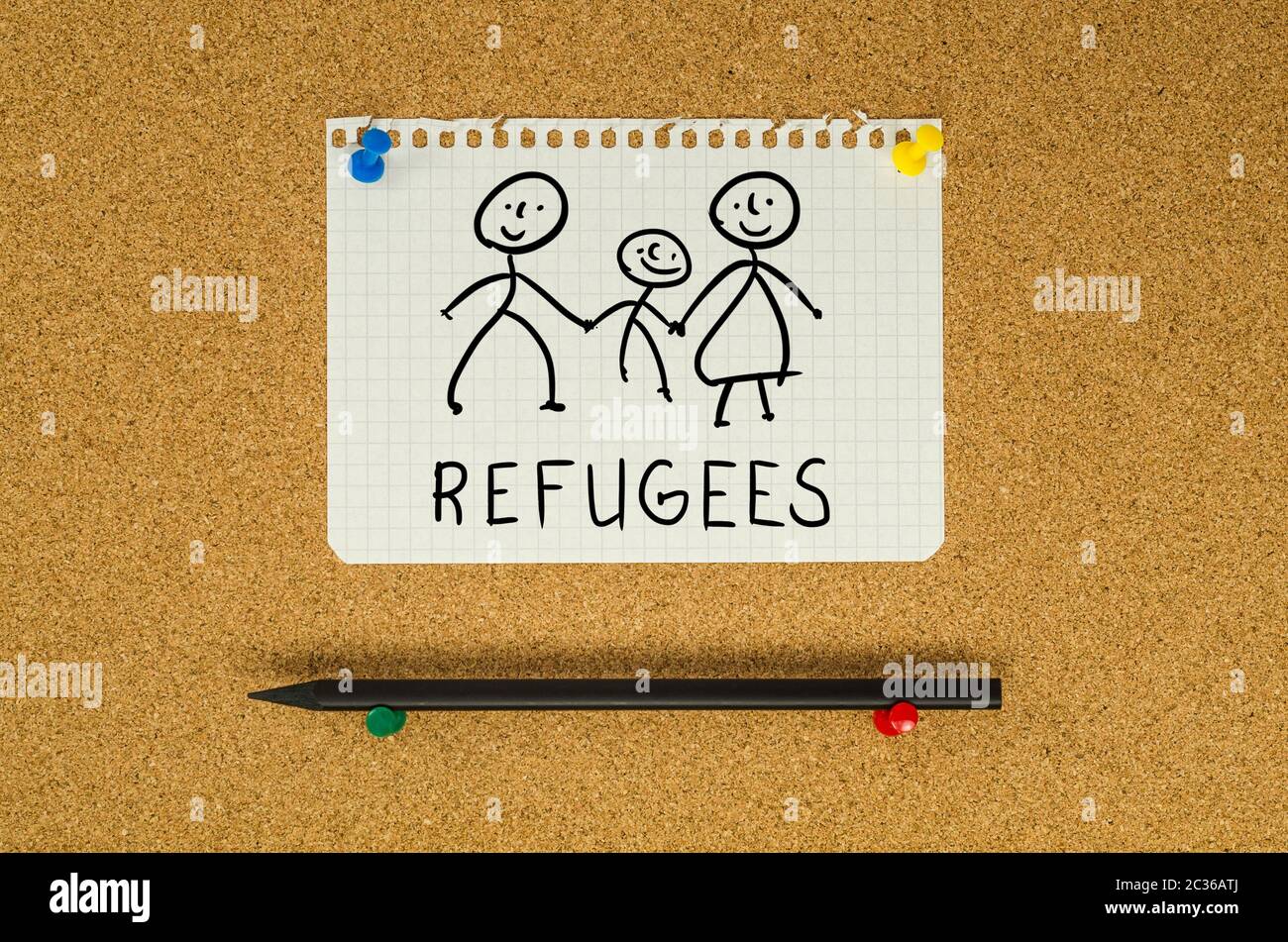 Refugees text note message pin on bulletin board Stock Photo - Alamy